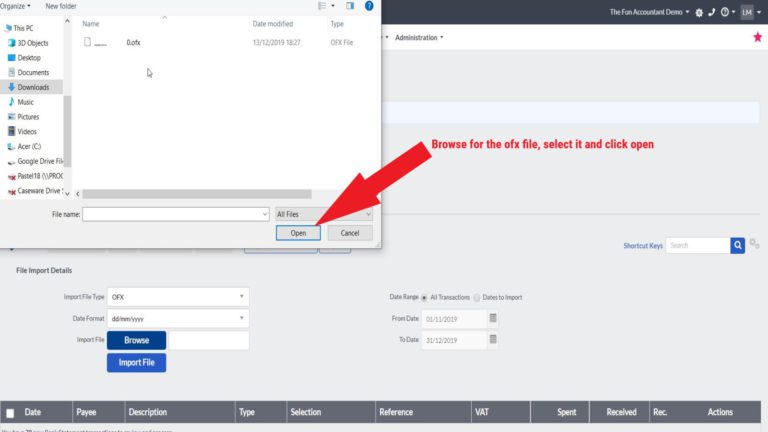sage cloud accounting browse ofx file, select it and click to open ...
